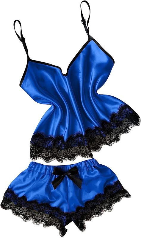 Women Satin Silk Pajama Set 2 Piece Lace Trim Sexy Lingerie Set Cami Vest And Elastic Knickers