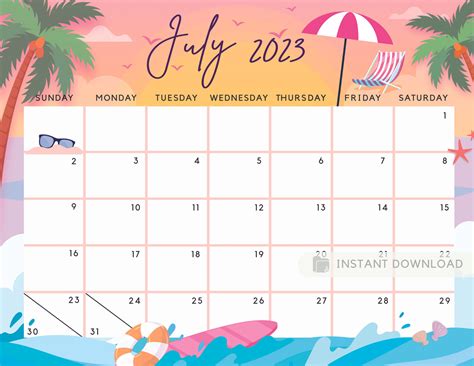 July Calendar Printable Summer Planner Calendar Cute Pink Etsy