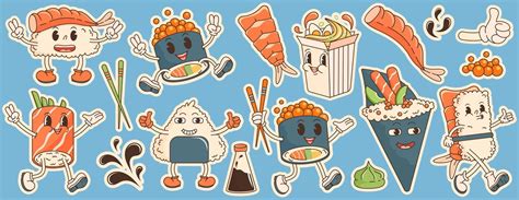 comida asiática retrô de personagem de desenho animado anos 70 adesivo