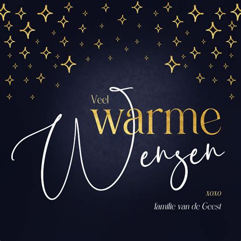 Kerstkaart Warme Wensen Goudlook Sterren Blauw Kaartje2go