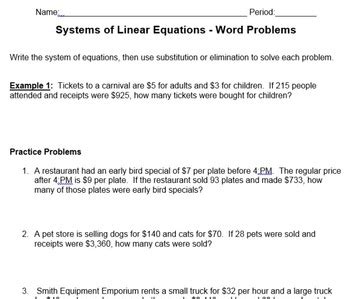 Systems Of Equations Worksheets Elimination Substitution Word Problems