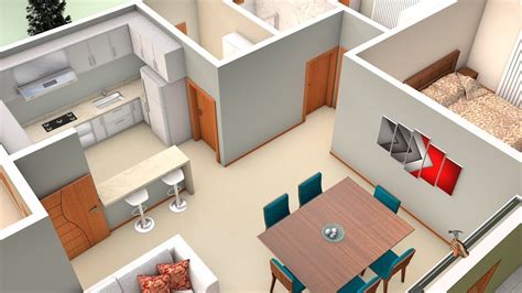 Plantas De Casas 2 Quartos E Cozinha Americana Em 3d