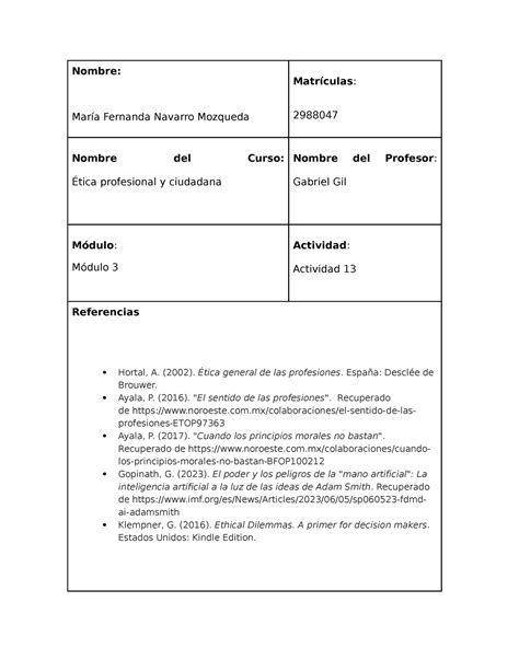 Actividad 13 Resumen Ética profesional y ciudadanía Nombre María