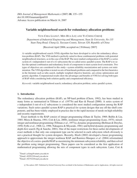 pdf variable neighbourhood search for redundancy allocation problems