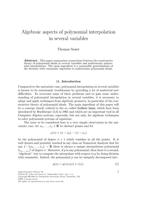 pdf algebraic aspects of polynomial interpolation in several variables