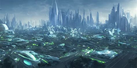 Futuristic Utopian City Central Hub White Buildings Stable