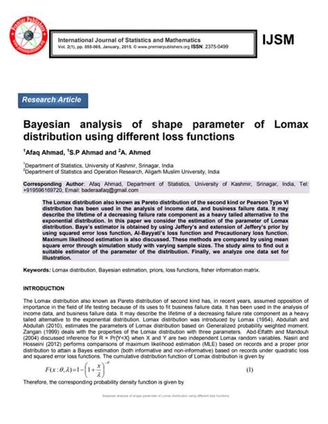 bayesian analysis of shape parameter of lomax distribution using different loss functions pdf