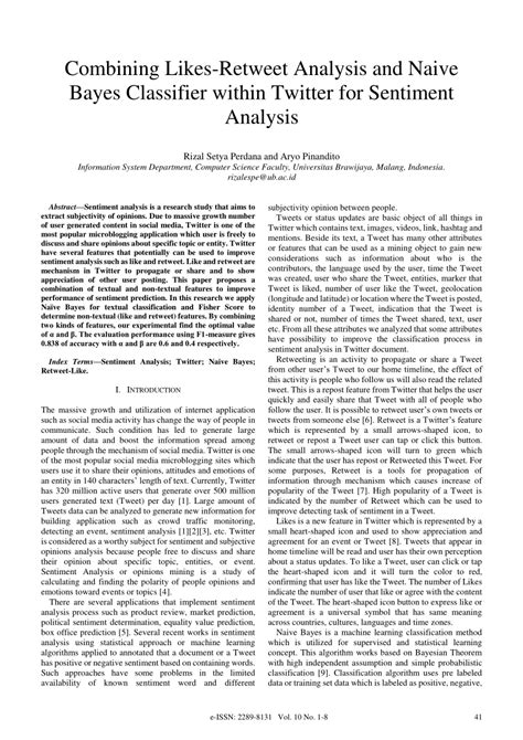 pdf combining likes retweet analysis and naive bayes classifier within twitter for sentiment