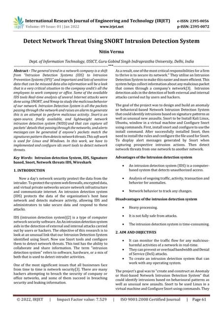 detect network threat using snort intrusion detection system pdf