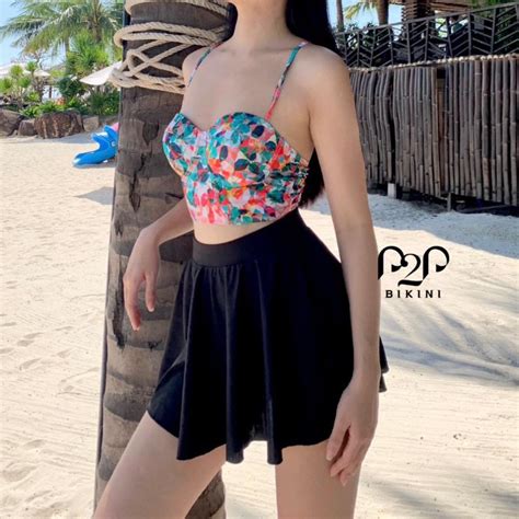 Đồ bơi Nữ 2 mảnh áo tay dài quần cạp cao hoạ tiết hoa nhiệt đới P2P