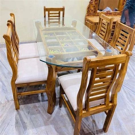 Glass Top 6 Seater Teak Wood Dining Table Set At Rs 35000 Set In