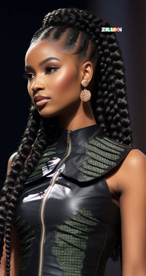 A Woman With Long Braids On Her Head Wearing A Black Leather Dress And