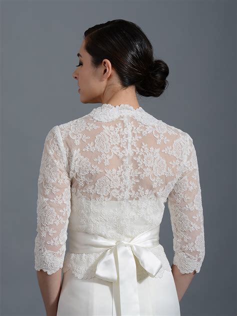 3 4 Sleeve Front Open Ivory Alencon Lace Bolero Jacket