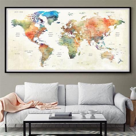 Große Welt Weltkarten Karte Wand Kunst Aquarell World Map Etsy