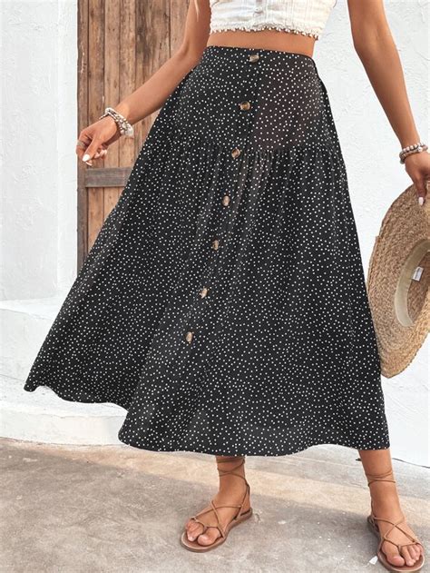 SHEIN LUNE Damskie Spódnice Guziki z przodu Kropki Casual Moda SHEIN