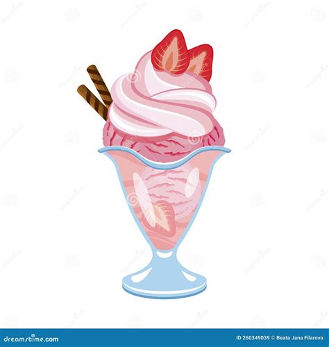 Helados De Fresa Sundae Con Crema Batida Y Fresas En El Vector De Icono