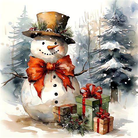 Snowman Watercolour Christmas Clipart Watercolor Print Winter