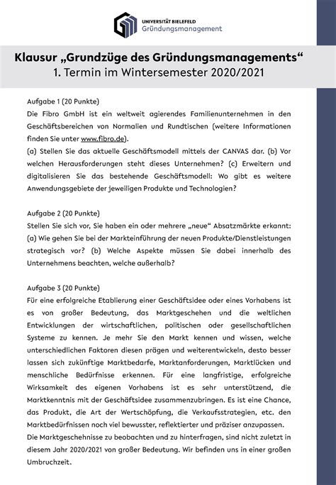 Klausur WS 20 21 Klausur Grundzüge des Gründungsmanagements 1