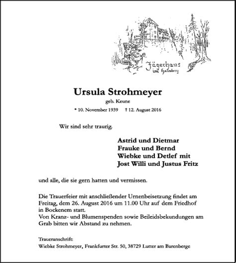 Traueranzeigen Von Ursula Strohmeyer Geb Keune Trauer De