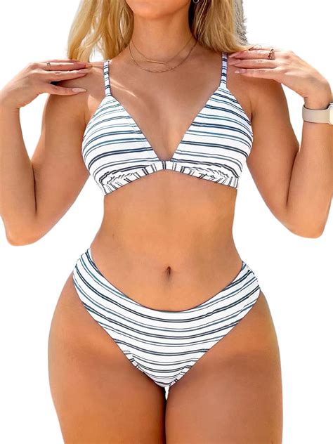 CUPSHE Damen Bikini Set Triangel Streifen Bikini Bademode V Ausschnitt