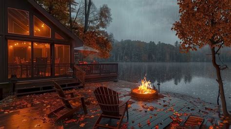 Ambiance Of A Lakeside Porch Rainy Autumn Morning With A Bonfire