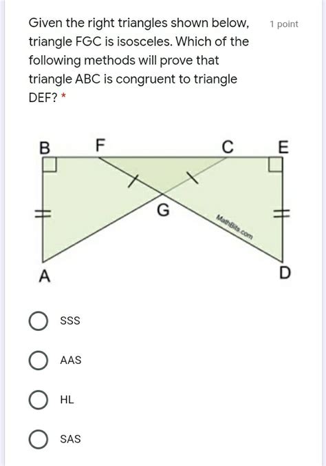 solved given the right triangles shown below 1 point triangle fgc is isosceles which of the