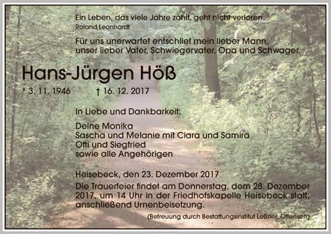 Traueranzeigen von Hans Jürgen Höß Trauer HNA de