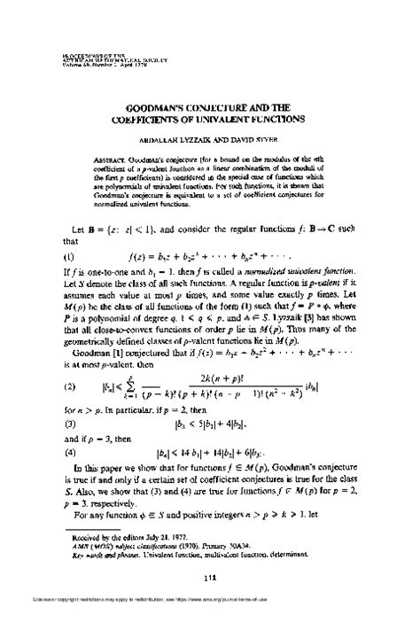 pdf goodman s conjecture and the coefficients of univalent functions abdallah lyzzaik