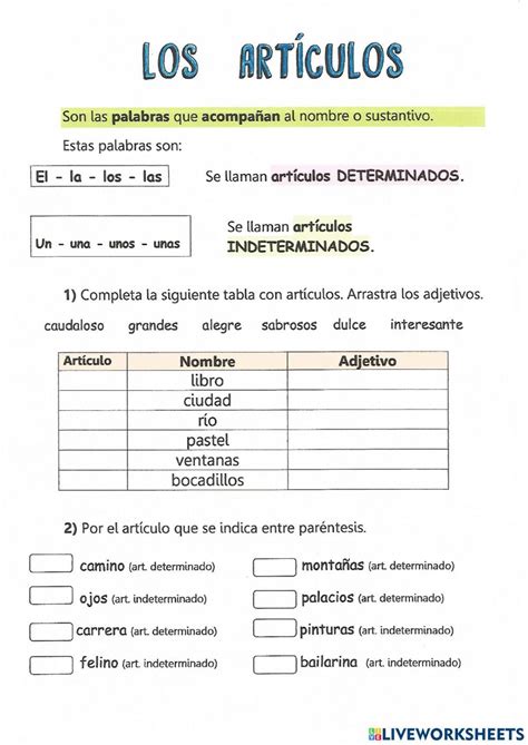 Los artículos worksheet for Tercero de Primaria Sustantivos y