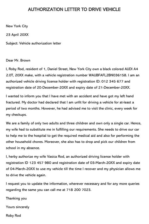 Authorization To Drive Vehicle Sample Letters Templates