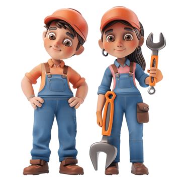 Lindos Personajes Mecánicos Masculinos Y Femeninos Sosteniendo Una