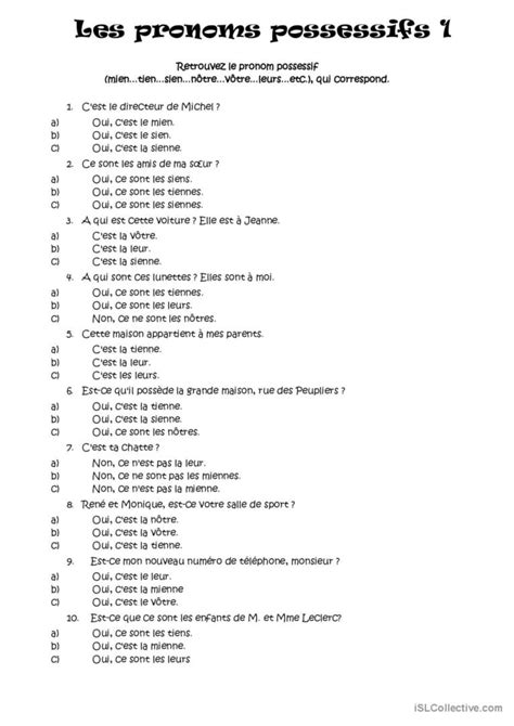 Pronoms Possessifs Pratique De La Gr Fran Ais Fle Fiches Pedagogiques