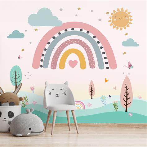 Papel de Parede Infantil Tema Arco Íris Soft Color Para Decorar Quart