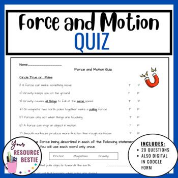 Forces Force And Motion Quiz By Your Resource Bestie Tpt