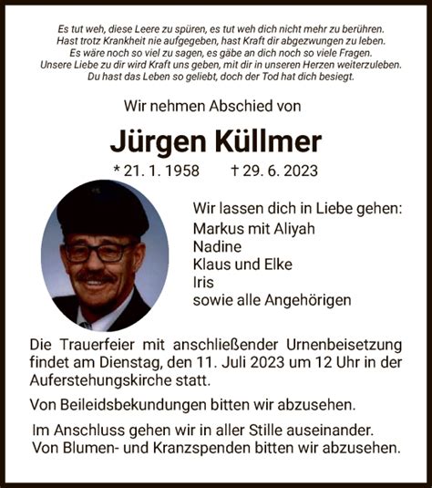 Traueranzeigen von Jürgen Küllmer Trauer HNA de