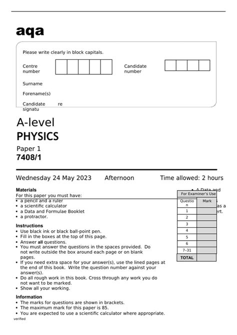 aqa a level physics 7408 1 question paper and mark scheme june2023 stuvia us