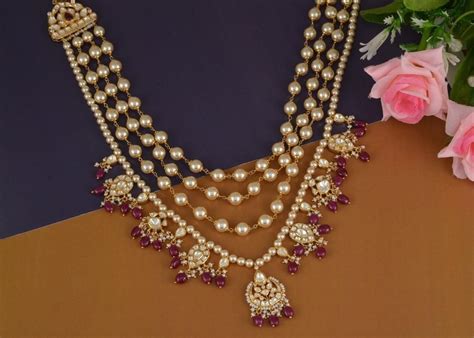 Wedding Wear Classic Multilayer Pearl Beaded Polki Kundan Necklace At