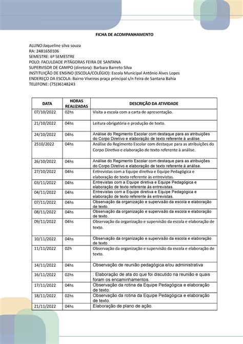 Ficha DE Acompanhamento 5 FICHA DE ACOMPANHAMENTO ALUNO Jaqueline