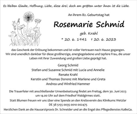 Traueranzeigen Von Rosemarie Schmid Vrm Trauer De