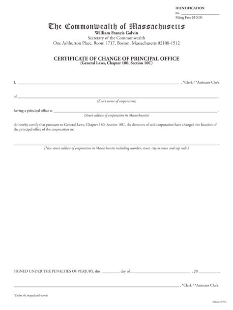Fillable Online Sec State Ma Certificate Of Change Of Principal Office