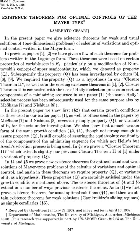 existence theorems for optimal controls of the mayer type siam journal on control and optimization