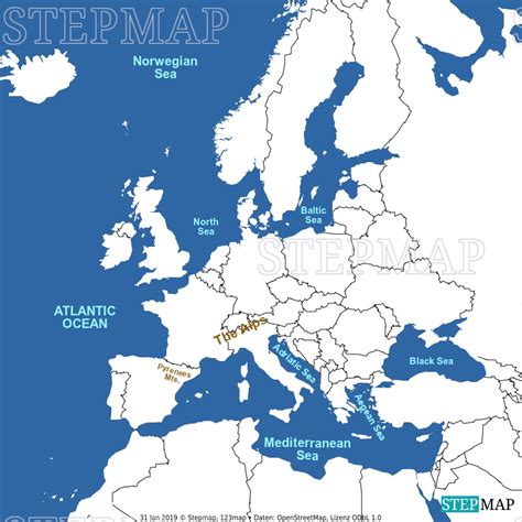 StepMap Major bodies of water and mountains in Europe Landkarte für