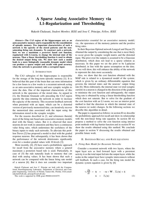pdf sparse analog associative memory via l1 regularization and thresholding