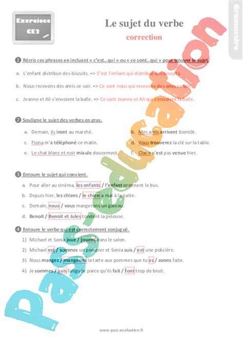 Bilan sur le sujet du verbe Examen Evaluation avec le corrigé 3eme