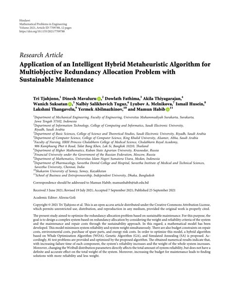 pdf application of an intelligent hybrid metaheuristic algorithm for multiobjective redundancy