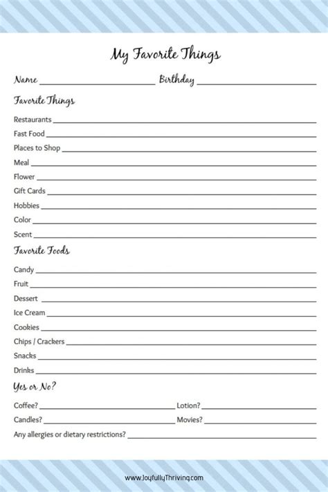 Free Printable Favorite Things List