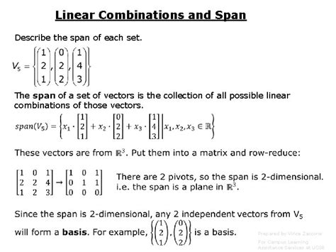 linear combinations of vectors span dimension and linear