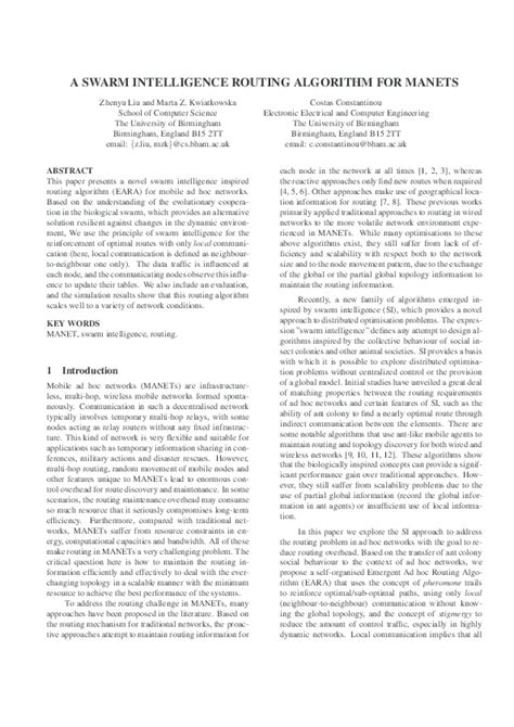 pdf a swarm intelligence routing algorithm for manets zhenyu liu