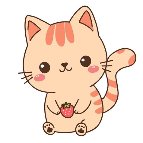 Lindo Gato De Dibujos Animados Sosteniendo Una Fresa Vector Premium