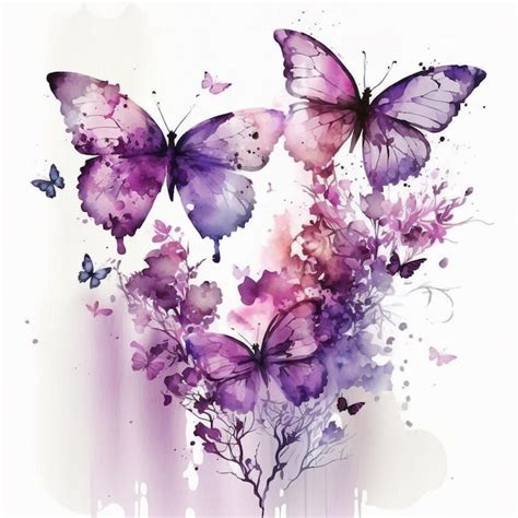 Premium AI Image Purple Butterflies And Flowers Are Painted In